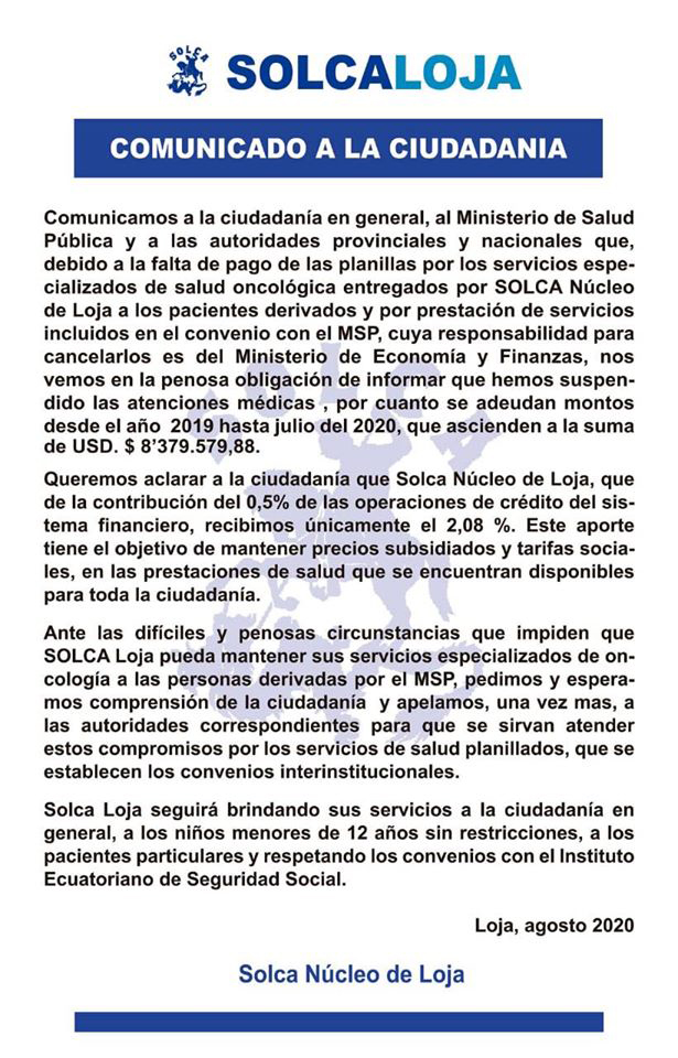 Solca núcleo de Loja suspende atención para pacientes derivados del MSP ...